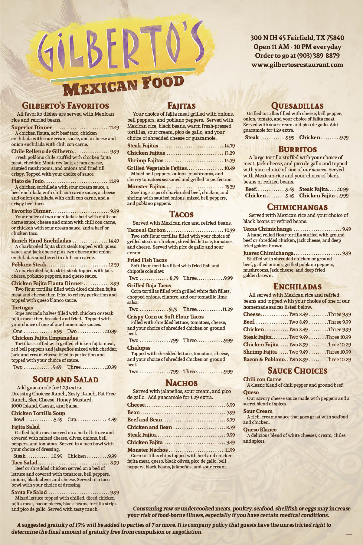 Gilberto's Fine Mexican Food | Menu